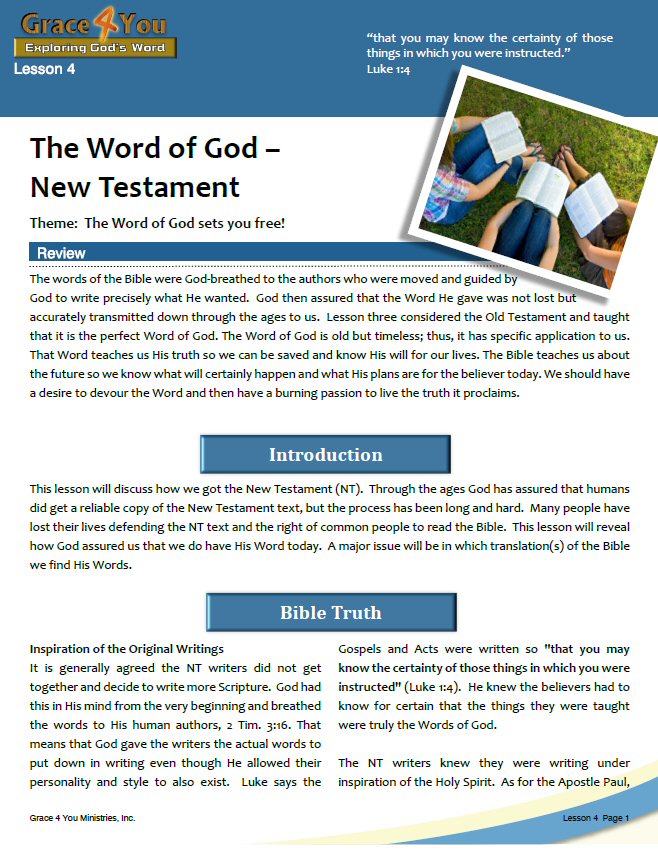 Lesson 4: The Word of God – New Testament | Grace 4 You Ministries, Inc.
