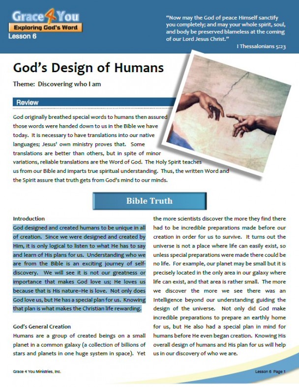 Lesson 6: God’s Design of Humans | Grace 4 You Ministries, Inc.
