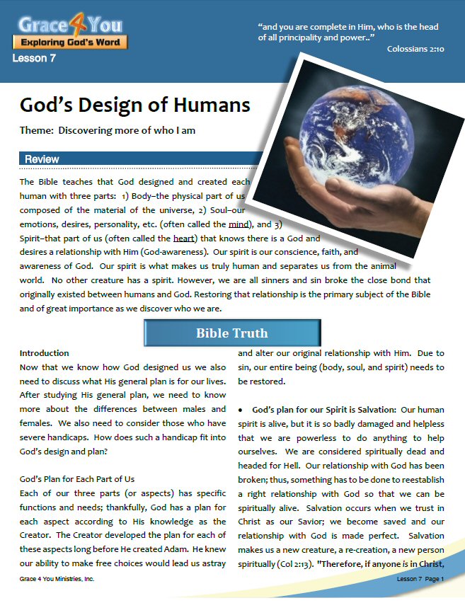 Lesson 7: God’s Design of Humans | Grace 4 You Ministries, Inc.